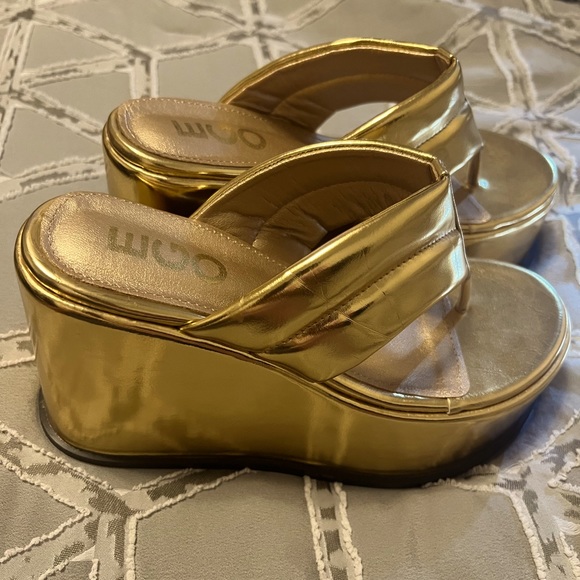 EGO | Shoes | Ego Platform Wedge Heel Mule In Gold Faux Leather | Poshmark